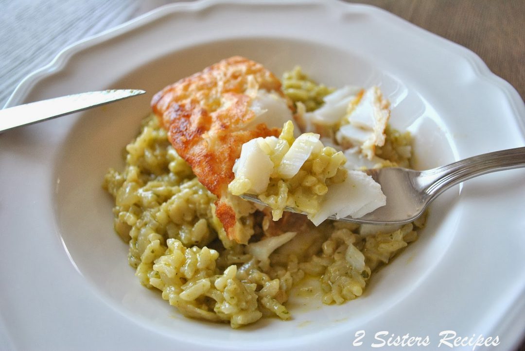 Cod Fillet over Pesto Risotto - 2 Sisters Recipes by Anna and Liz